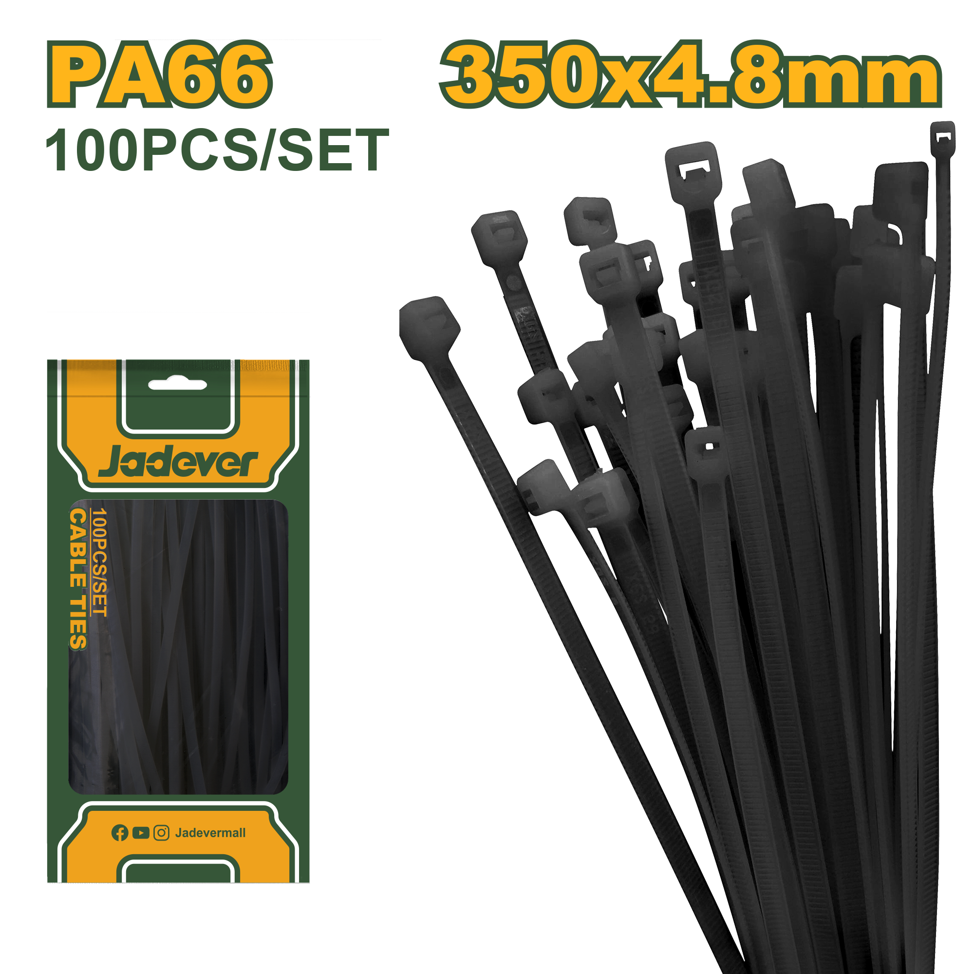 Jadever Cable Ties 350×4.8mm 100 Pack - Black