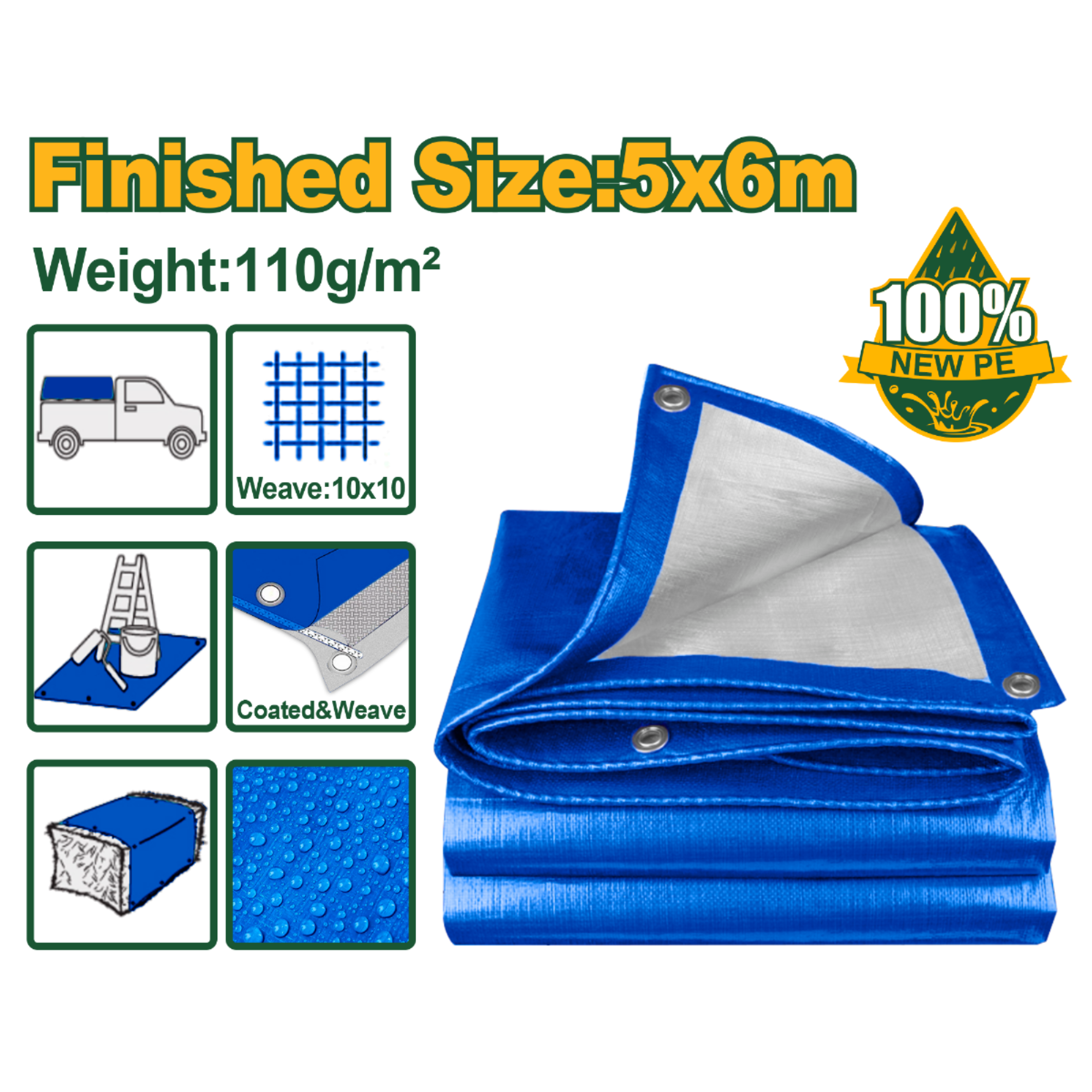 JADEVER Blue Tarp with Eyelets 5x6m Durable & Lightweight