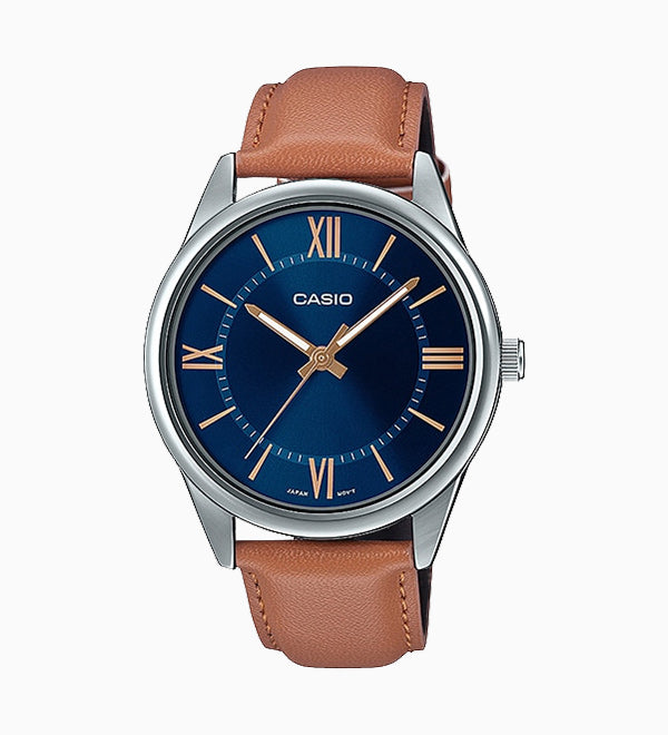 Casio MTP-V005L-2B5 Men's Standard Analog Tan Leather Band Roman Blue