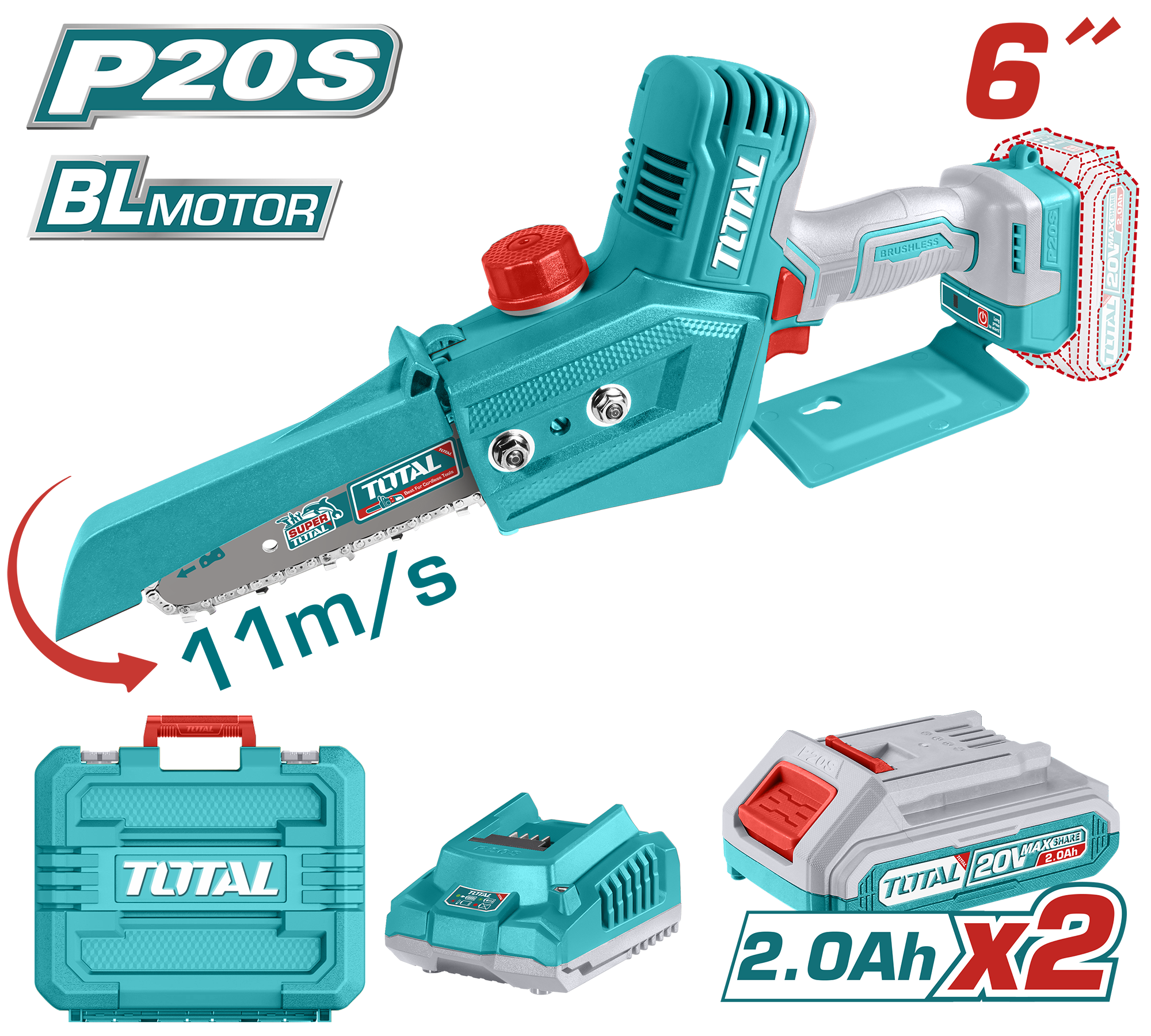 Total 20V Cordless Chainsaw – 15cm (6-Inch) Bar – Powerful