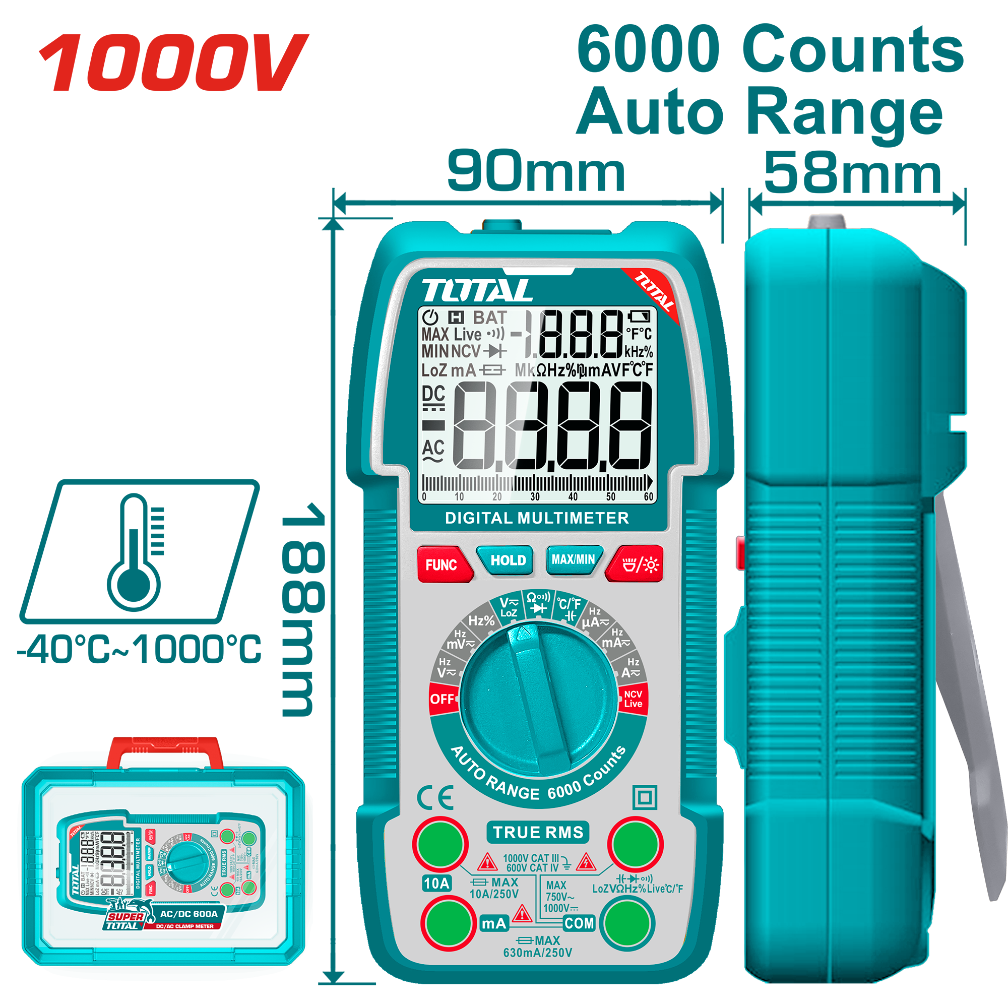 TOTAL 1000V, 6000 TRMS Auto-Range Multimeter with NCV & Temp