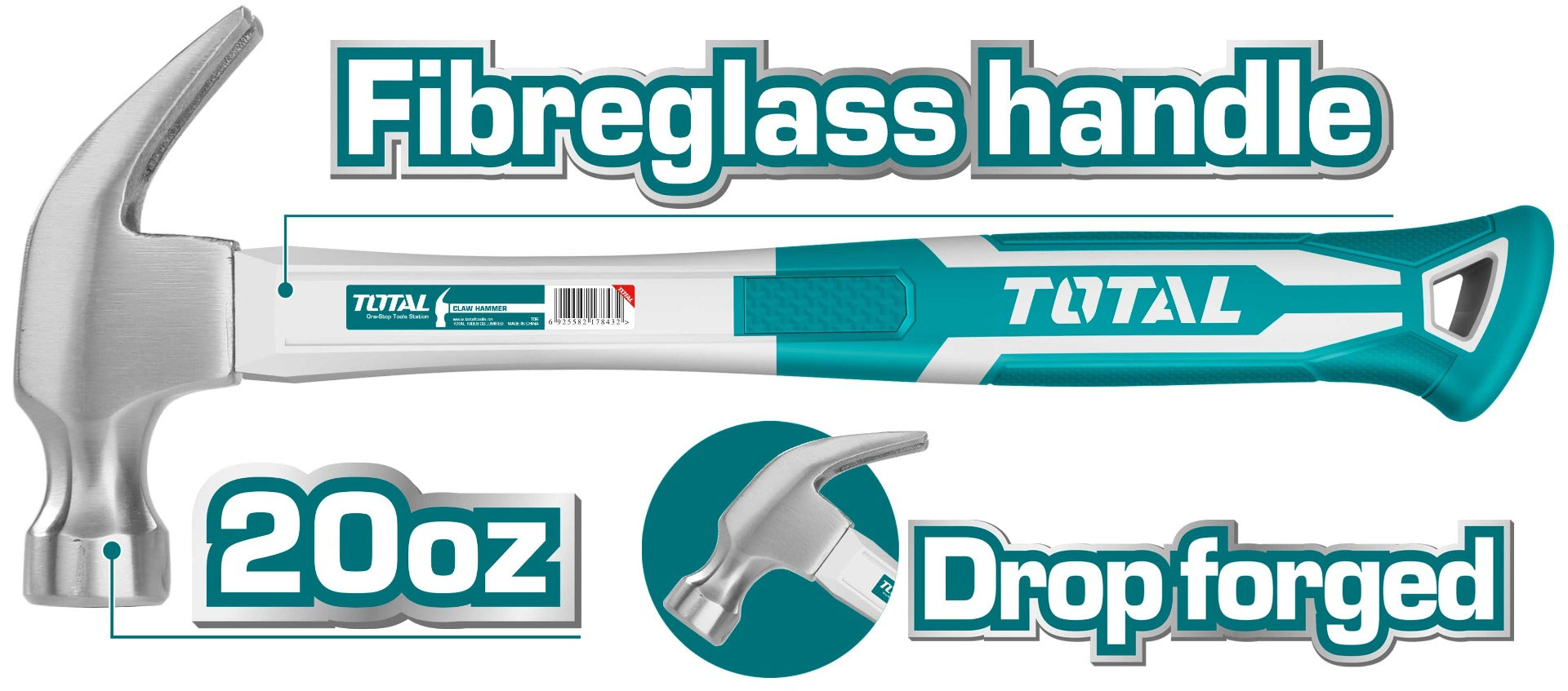 TOTAL 560g Claw Hammer20oz with Fiberglass Handle (THT73206)
